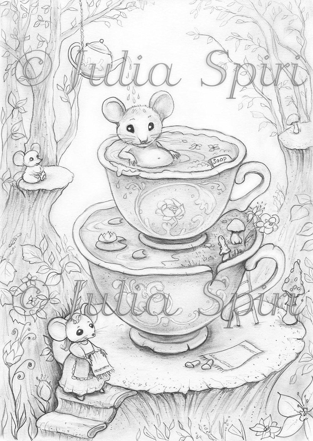 Grayscale Coloring Page, Fun Mice. Mouse Spa – The Art of Julia Spiri