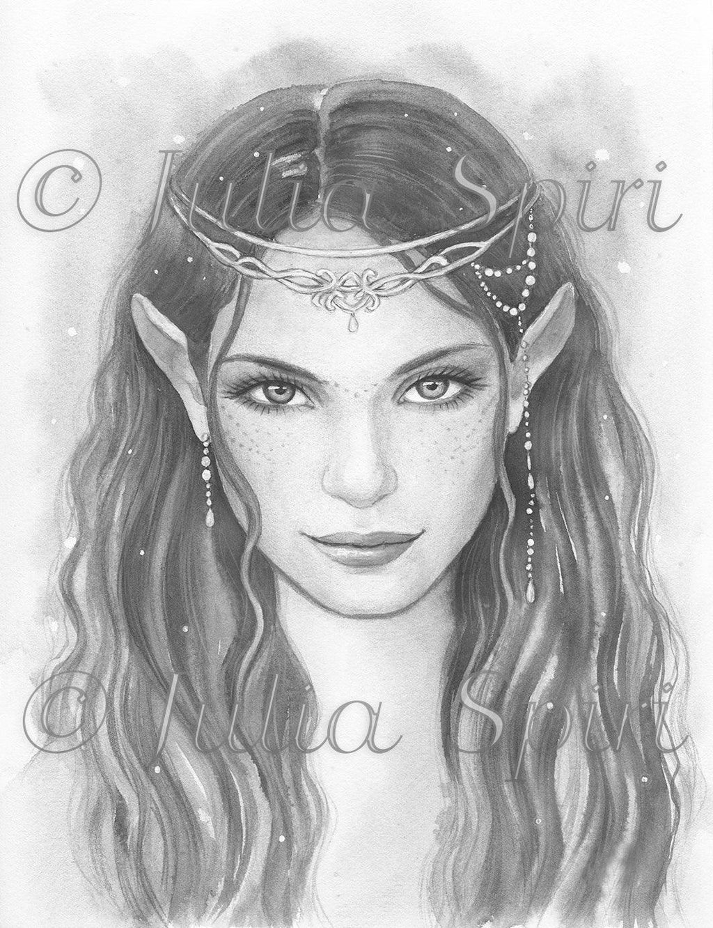 Grayscale Coloring Page, Elf Portrait. Elfie – The Art of Julia Spiri