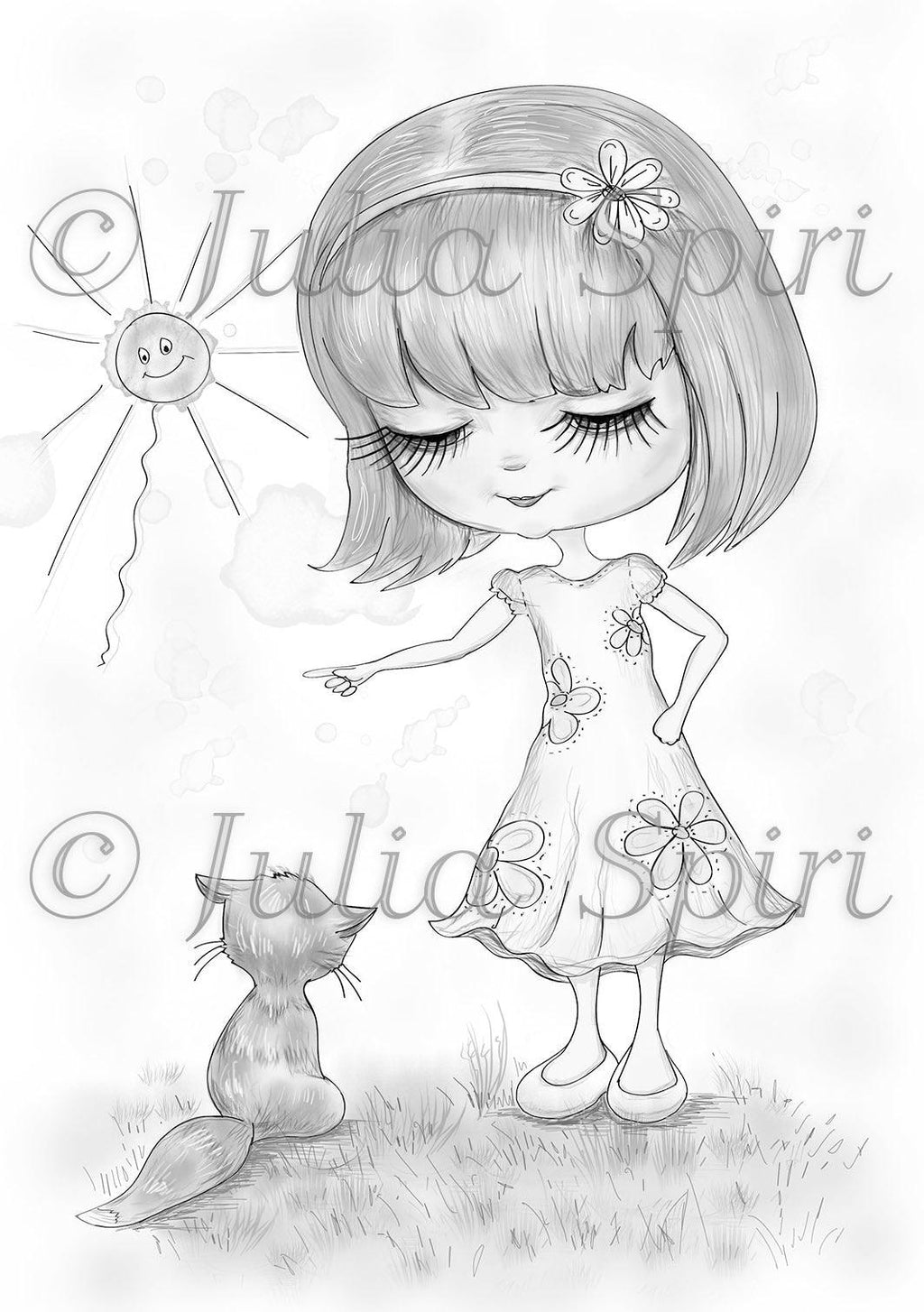 Coloring page. Girl & Guilty Kitten – The Art of Julia Spiri