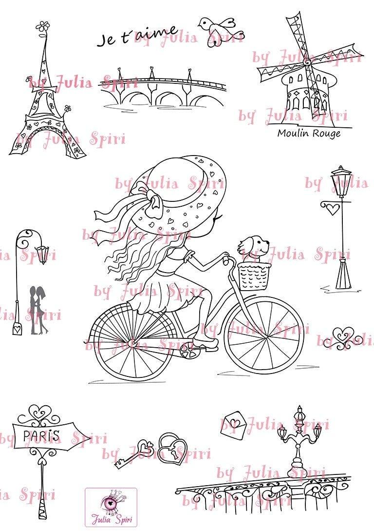 Coloring Page, Parisian girl on bike with bonus elements, Eiffel. Pari ...